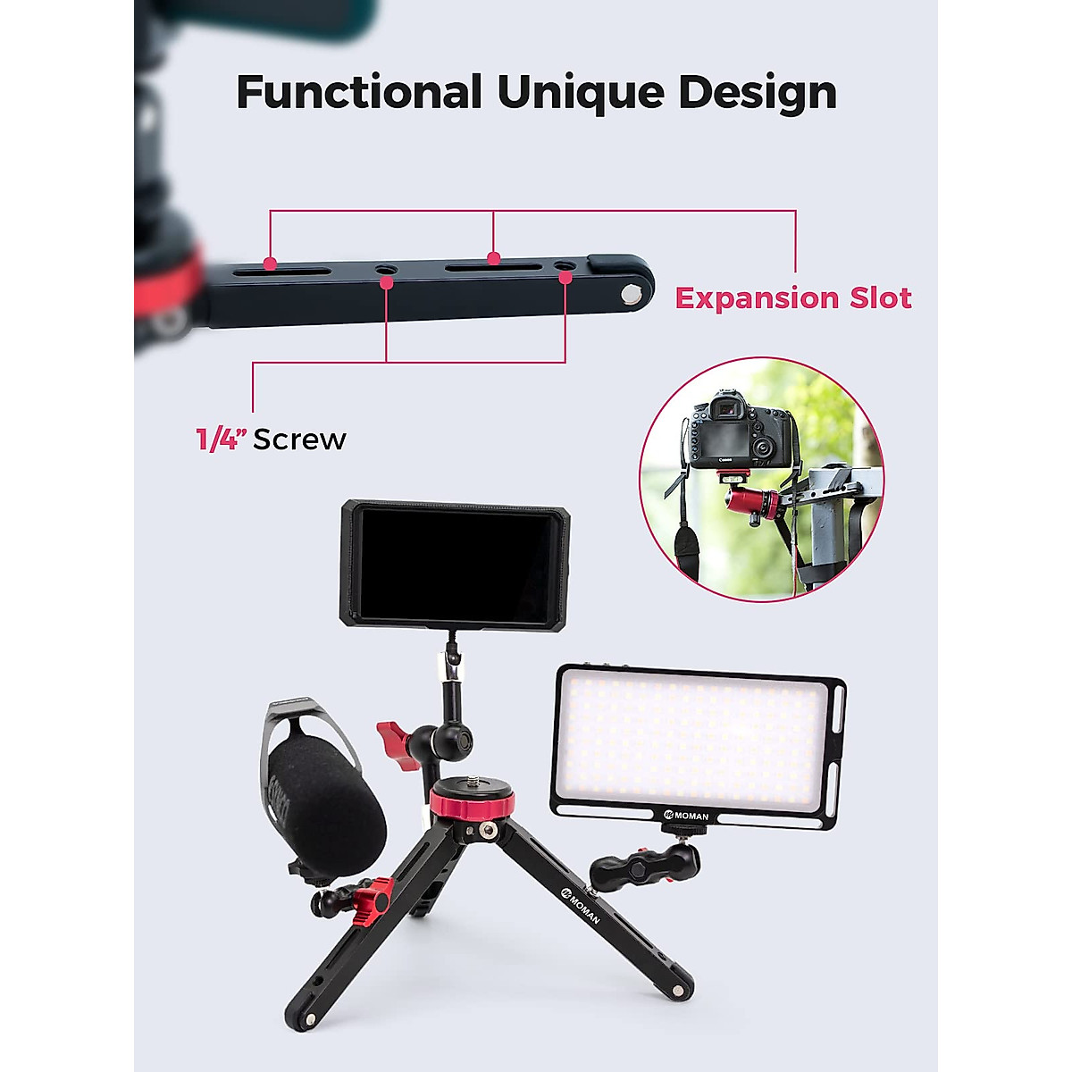 Mini Camera Tripod, Moman Tabletop Short Tripod Desktop TR01 with 1/4 and 3/8 Screw Mount and Function Leg CNC Aluminum Tripod for DSLR Camera/GoPro/Video/Camcorder, Max Payload of 176 Lbs/80Kg, Red