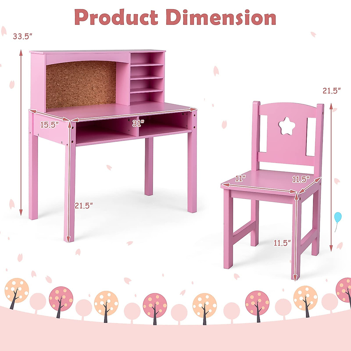 Costzon Kids Desk and Chair Set, Wooden Study Desk for Kids with Storage, Hutch, Cork Bulletin Board, Student Writing Computer Workstation, Kids Desk for Study Room, Bedroom, School, Pink