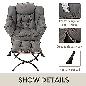 LITA Modern Lazy Chair with Ottoman, Accent Contemporary Lounge Chair Single Leisure Upholstered Sofa Chair Set with Armrests and a Side Pocket, Reading Chair for Living Room & Bedroom, Dark Grey