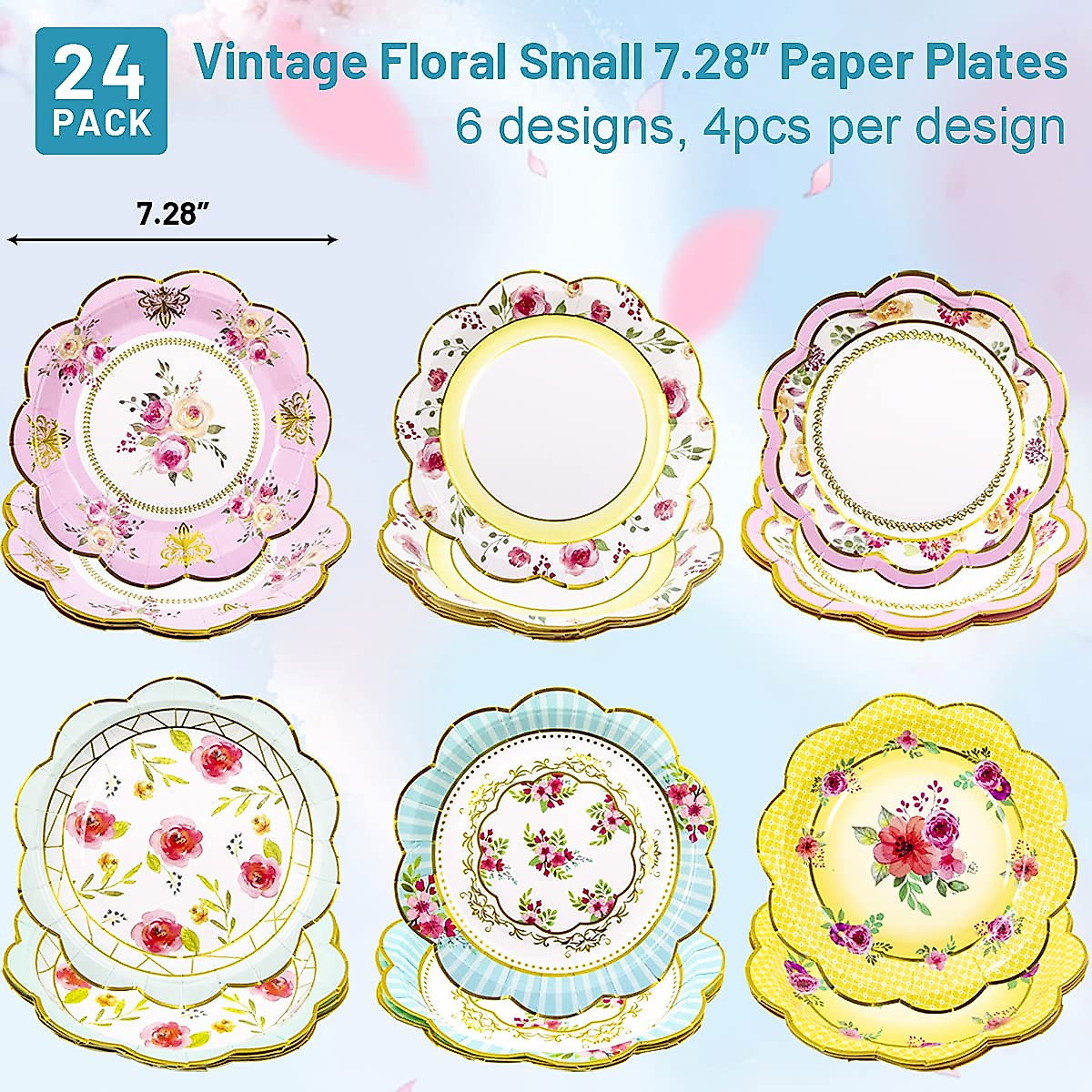 Fancy Land Floral Paper Plates 7.28 Inches Vintage Small Party Plate 24 ct