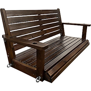 Wooden Porch Swing, Ergonomic Seat, Bench Swing with Hanging Chains and 7mm Springs, Heavy Duty 800 LBS, for Outdoor Patio Garden Yard (Deep Brown, 2-Seater)