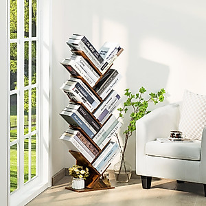 SHEEPAM 10 Tier Tree Book Shelf, Floor Standing Wood Bookshelf for Narrow Space, Storage Organizer Bookshelves for Books/CDs/Magazine, Bookcase with Shelves for Home Office, Living Room - Brown