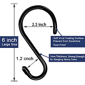 HiGift 6 Inch Large S Hooks for Hanging Heavy Duty, Non Slip Vinyl Coated S Hook for Closet, Steel Metal Black Rubber Coated S Hooks for Hanging Plant Jeans Pot Pan Clothes Purse Towel Bags- 4 Pack