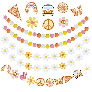 6 Pcs Groovy Party Daisy Felt Garland Set, 13 Feet Colorful Pom Pom Garlands with Boho Banners for Birthday, Baby Shower, Groovy Party, Retro Hippie Boho Party, Daisy Party Decorations Supplies
