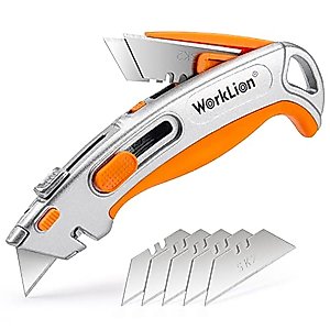 WORKLION Heavy-Duty Utility Knife Retractable: Zinc Alloy Body & Rubber Grip Handle & Retractable 3 Position & Blades Storage Design & Extra 5 Blades Refills - Safe Box Cutter