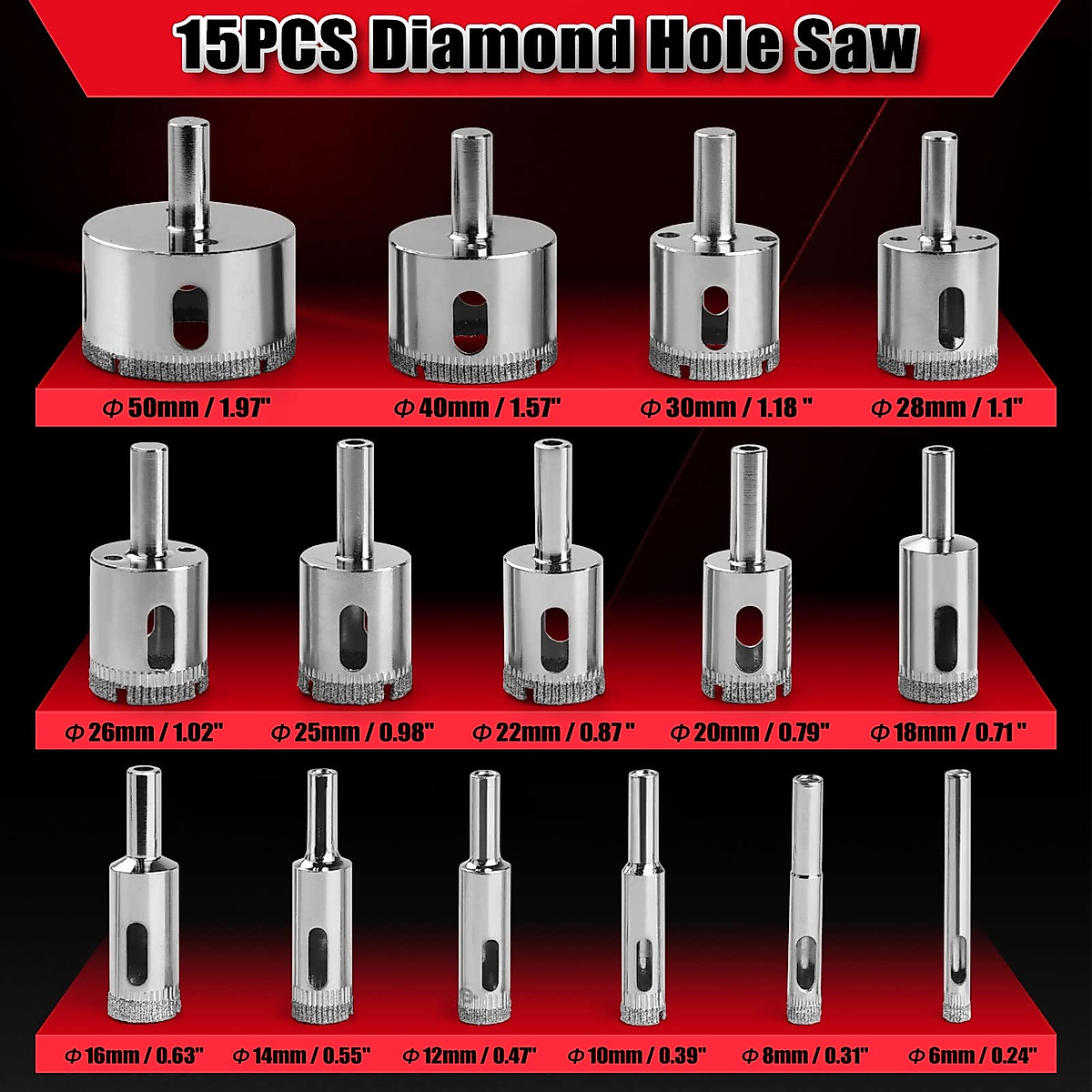 WORKEASE Diamond Hole Saw Set, 17 Pcs Tile Hole Saw Kit with Double Suction Cups Hole Saw Guide Jig Fixture from 0.24''- 1.97'' for Ceramic Glass Tile Porcelain Marble