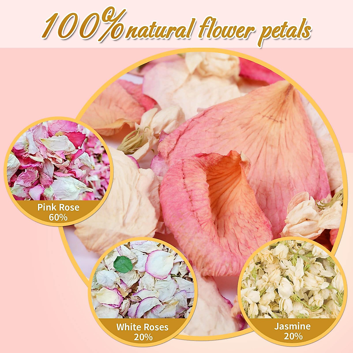 20+ Cups Mix Dried Rose Jasmine Flower Petals Biodegradable Confetti, 2 QT of Real Natural White Pink Rose for Wedding Proposal Party Valentine's Day Decor Flower Girls, Bath salt Candle Soap Making