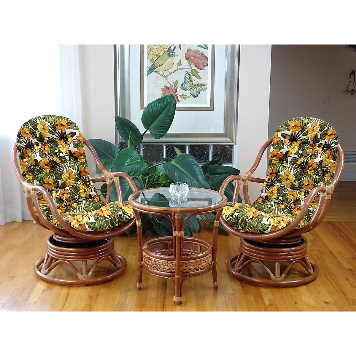 Bali Lounge Swivel Rocking Chair with Floral Cushion Natural Rattan Wicker Handmade, Colonial