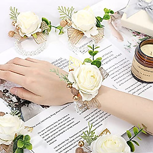 12 Pcs Wedding Rose Wrist Corsages Wristlet Band White Hand Flower Wrist Corsage Bracelets Wedding Corsage Boutonniere for Bride Bridesmaid Girl, Prom Homecoming Dinner Party Decoration