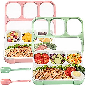 yarlung 2 Pack 34 Oz Bento Lunch Box with Spoon, 4 Compartments Salad Lunch Container Snacks To Go Box for Meal Portion Control, 2 Colors