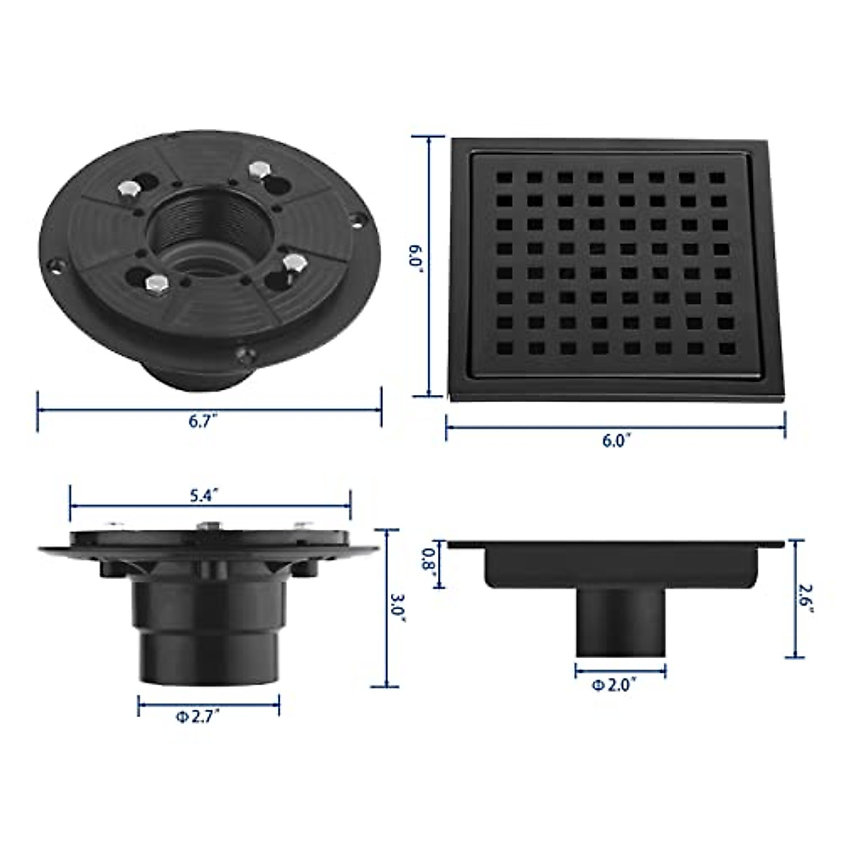 Wuhe 6-Inch Square Shower Drain with Flange,SUS304 Stainless Steel Shower Floor Drain with Removable Strainers and Cover Grid Grate,ABS Shower Drain Base and Rubber Threaded Adapter,Matte Black