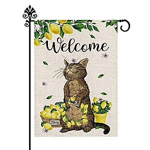 Summer Garden Flag Lemon Tree Cat Double Sided Vertical Welcome Flag Summer Home Yard Outdoor Decoration 12.5×18 Inch
