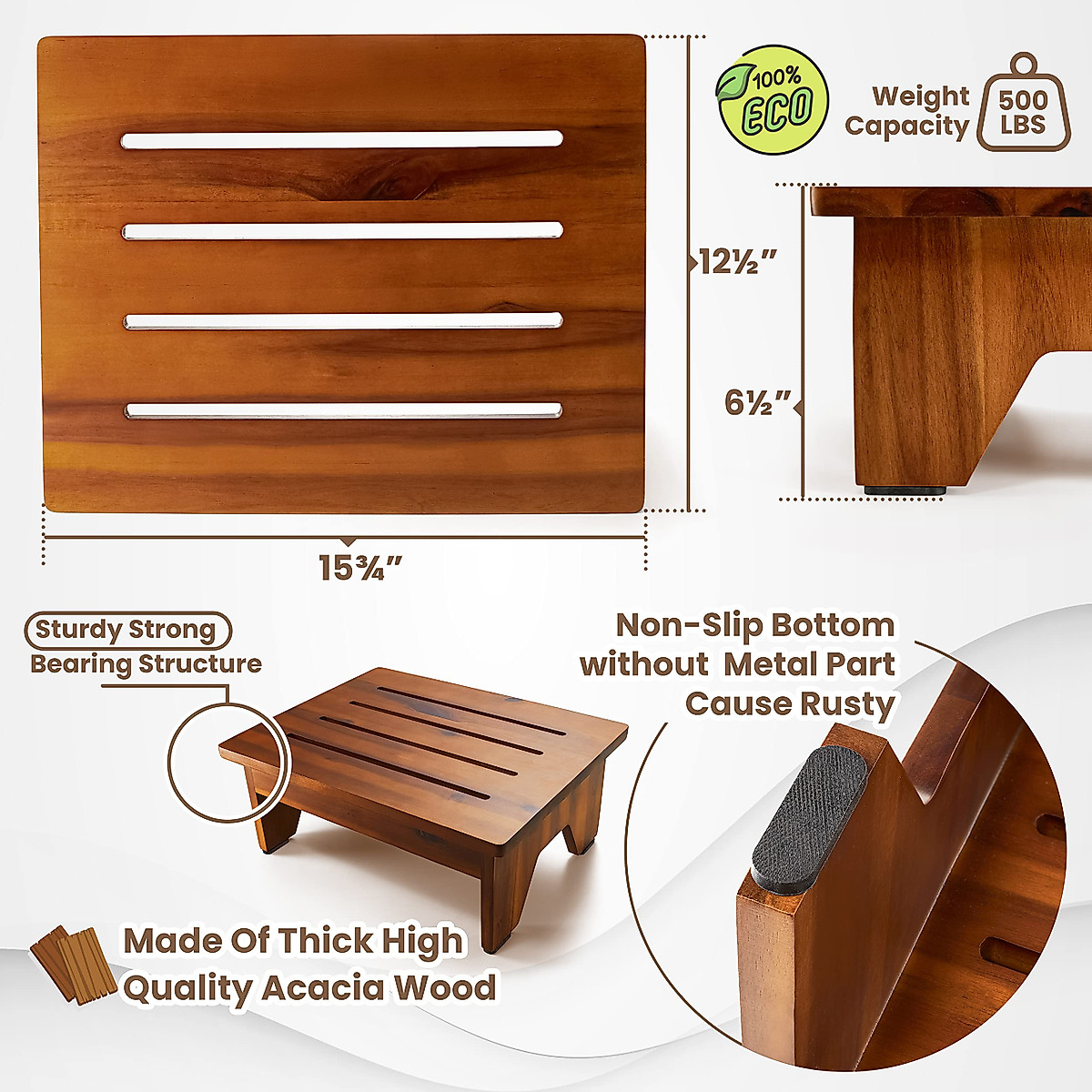 Tinamo One Step Stool for Adults 6.5" - Wooden Step Stools for Bed - 200lbs Safety Stepping Stool Bathroom Aid for Handicap, Elderly, Seniors, Kid, Bathtub, High Beds, Kitchens (Natural, Acacia 6.5H)