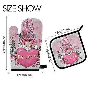 Be Mine Gnome Oven Mitts & Pot Holders 2pcs Happy Valentine's Day Kitchen Heat Resistant Non-Slip Potholders Set for Cooking Baking BBQ,Wedding Gifts