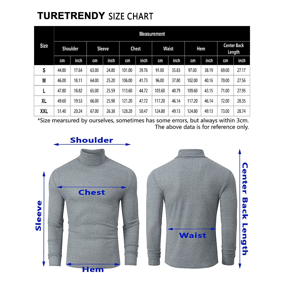 TURETRENDY Men's Stretch Muscle Tshirts Turtleneck Long Sleeve Knit Tees Casual Slim Fit Basic Shirt Tops Gray S