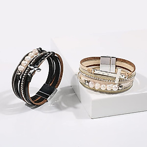 Vercret Leather Wrap Bracelet for Women - Multi-Layer Bracelets with Pearl Cross Beige Magnetic Clasp Bangle Cuff Stacked Bracelet for lady and Mother