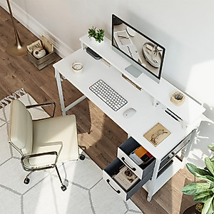 CubiCubi Computer Desk with Drawers, 47 Inch Reversible Office Desk with Monitor Stand and Storage Shelves, Work Writing Study Desk Table for Home, White