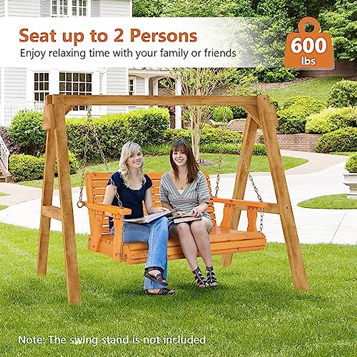 Tangkula 2 Person Hanging Porch Swing, Outdoor Bench Swing with Adjustable Chains, High Back, Cozy Armrests, Wooden Tree Swing Chair for Patio Backyard Deck Garden (Natural)