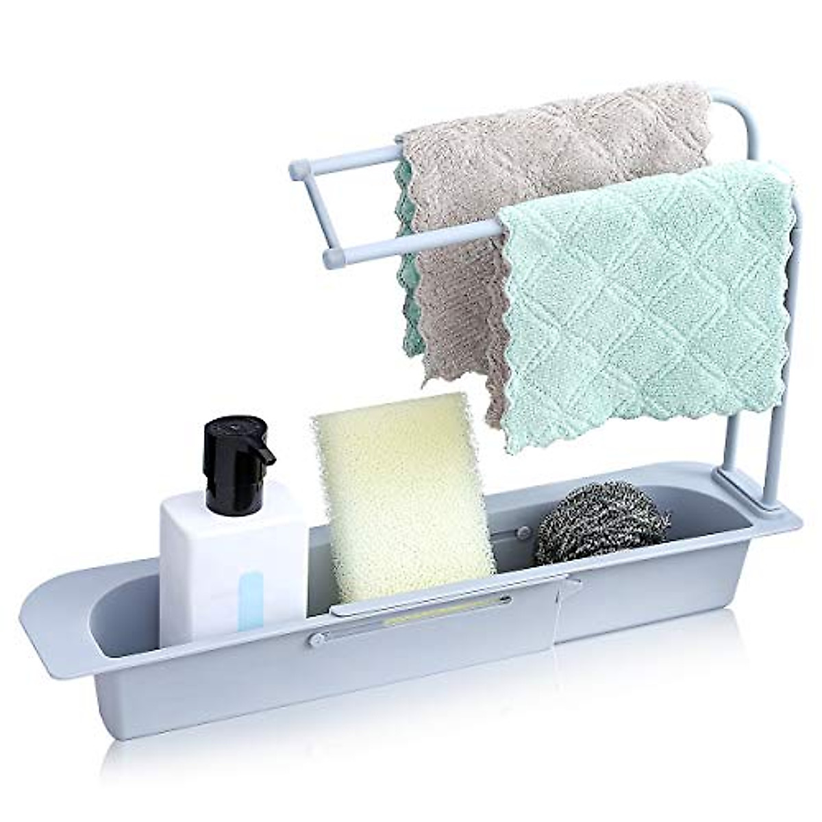 Gohfeoeo Telescopic Sink Storage Rack Adjustable Sink Organizer Sink Storage Sponge Soap Holder with Dishcloth Hanger Expandable Storage Drain Basket for Home Kitchen(Gray)