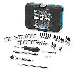 DURATECH 1/4" Socket Set, 51 Piece Tool Set Including Standard(SAE) and Metric Sockets, Bit Sockets, Ratchet and Universal Joint
