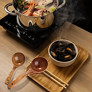 EORTA Set of 2 Wooden Soup Spoons Deep Ladle Natural Wood Sauces/Porridge Soup Flatware with Long Straight Handle Kitchen Serving Tools for Dinner Cooking Catering Gift, Large, Small