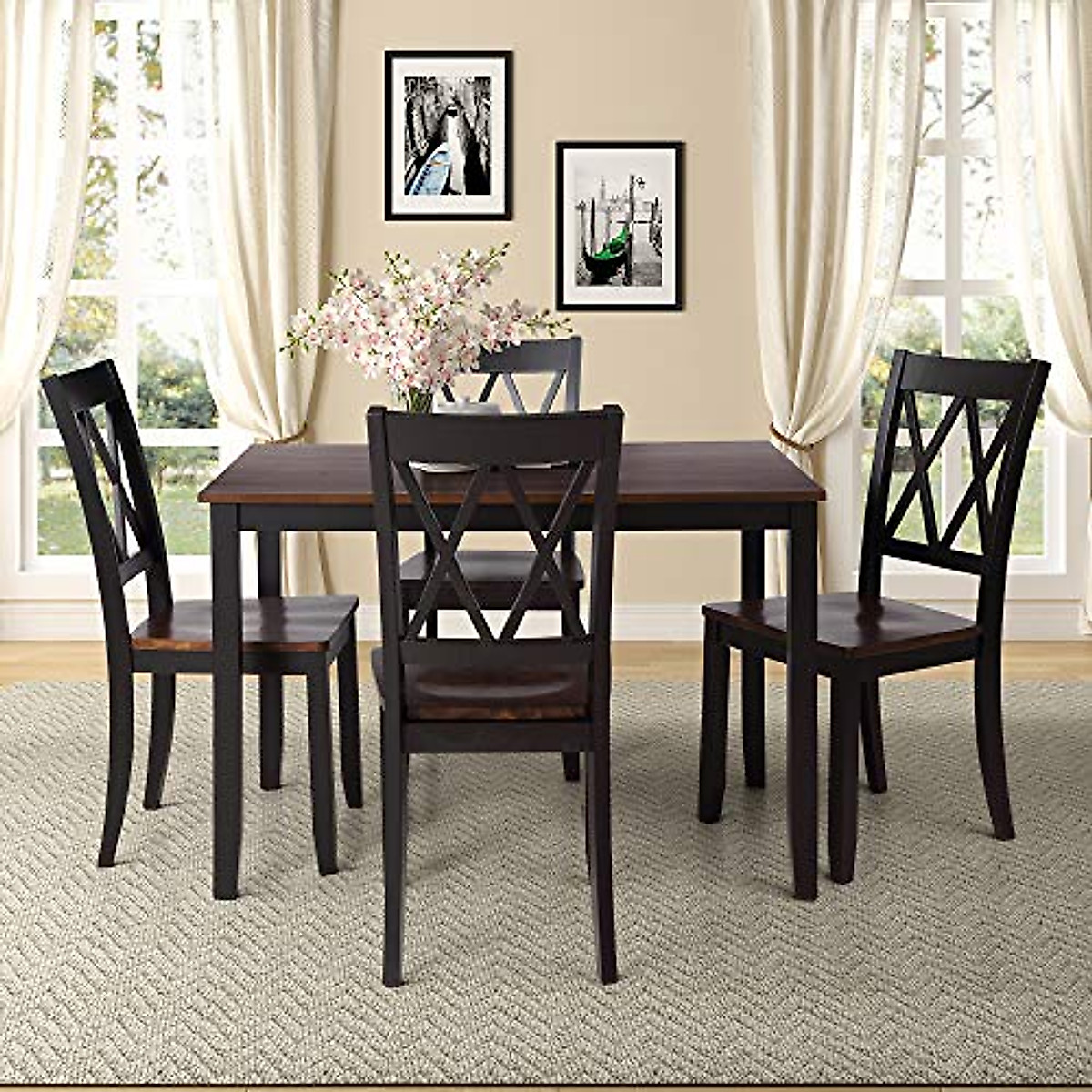 Knocbel 5-Piece Wood Dining Table Set, Elegant Home Kitchen Table with 4 Pcs Comfort High Backrest Chairs (Black with Cherry)