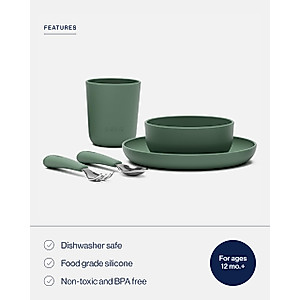 Lalo Big Bites Kids Dinnerware Starter Set - Dishwasher Safe, BPA Free, Kids Tableware Set - Includes Stackable Bowl, Plate, Utensils & Cup - 5 Pieces - Olive