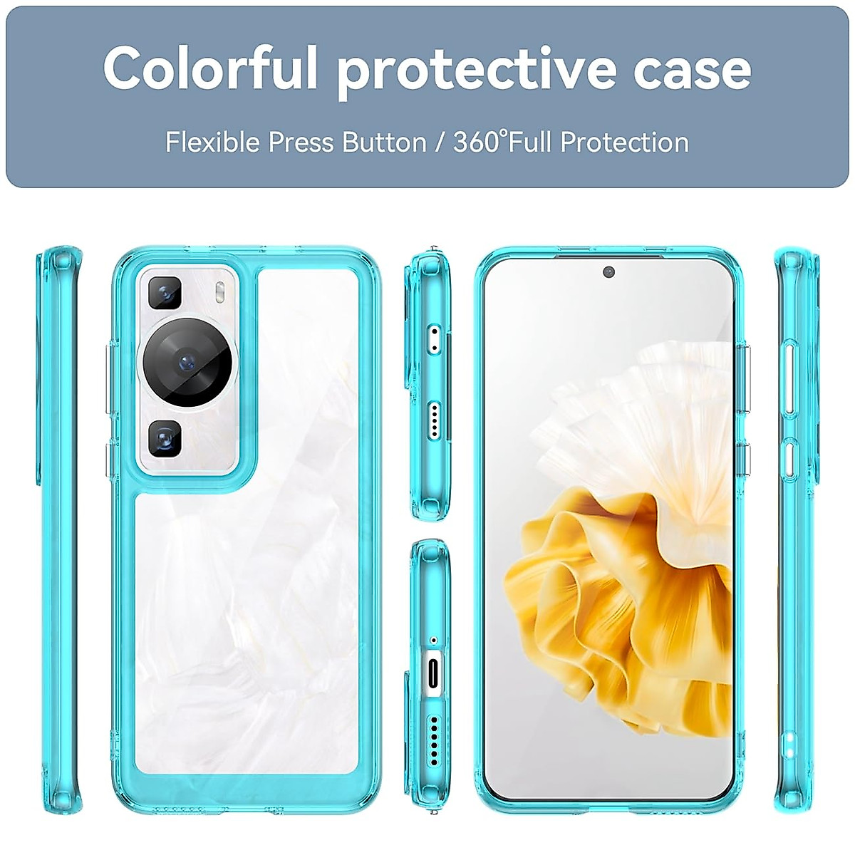 DFTCVBN Phone Case for Huawei P60 Case, P60 Pro MNA-LX9 LNA-LX9 Case with HD Screen Protector, Soft Bumper with Clear Crystal PC Hard Back Shockproof Cover Cases for Huawei P60 Pro Clear Blue