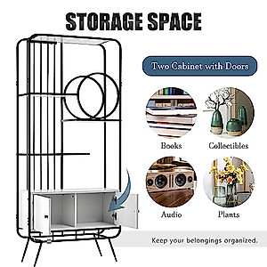 vikozalk Bookcase with Storage Cabinet, Free Standing Open Book Shelves Storage Display Shelf with Black Metal Frame, Tall Bookshelf for Bedroom Living Room Home Office, 31.5" L x 11.6" W x 70.9" H