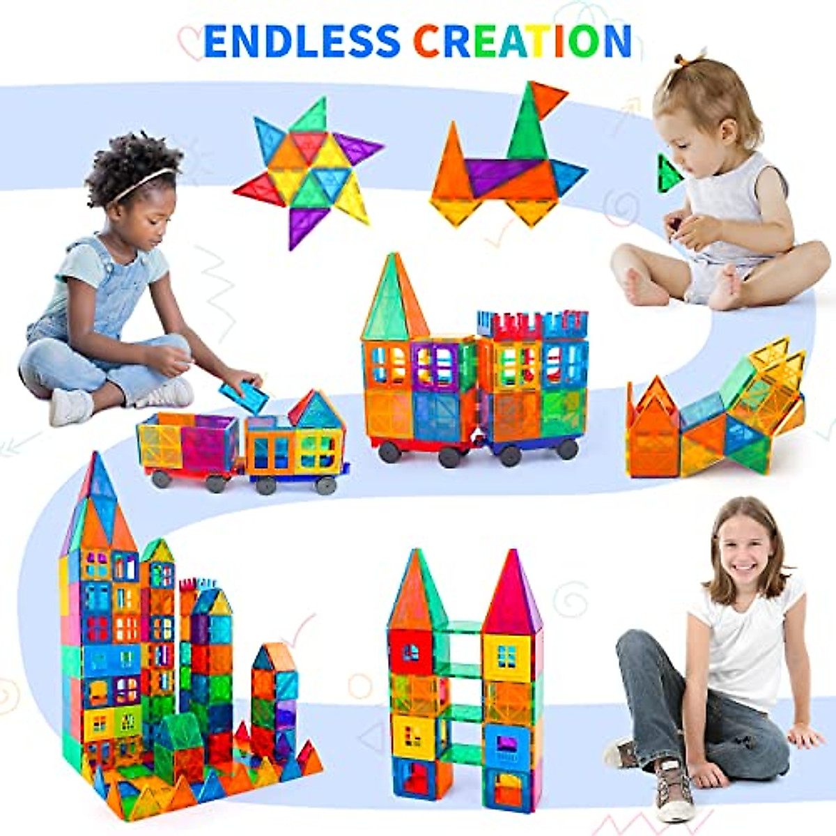 Gentle Monster Magnetic Tiles Building Blocks, 104PCS Magnet Blocks 3D Construction Toys for Kids Toddlers, Educational STEM Toys for Boys and Girls with 2 Cars