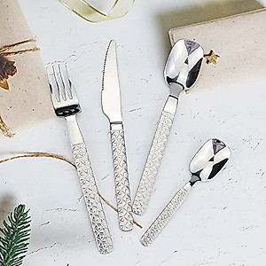 Silverware Set Flatware Cutlery Geometric Hammered Stainless Steel Kitchen Utensils Tableware，Mirror Finished，Service with Steak Knives Dinner Fork Knife Spoon