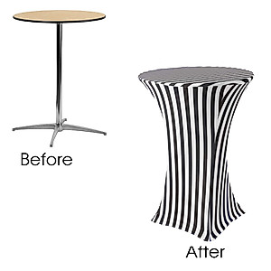YOUR CHAIR COVERS - 30" D x 42" H Highboy Cocktail Round Stretch Spandex Table Cover - Black and White Striped, Fitted Elastic Tablecloth for Round Tables, Outdoor Party DJ Tradeshow Vendor Wedding