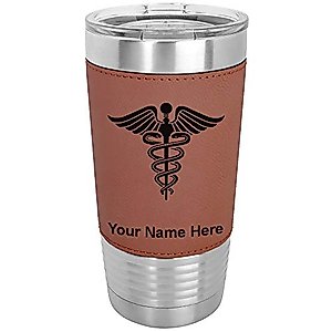 LaserGram 20oz Vacuum Insulated Tumbler Mug, Caduceus Medical Symbol, Personalized Engraving Included (Faux Leather, Dark Brown)