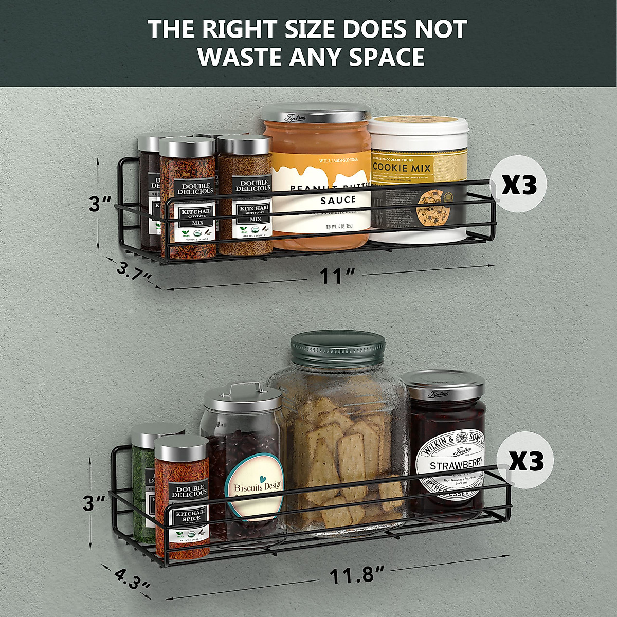 Moforoco Spice Rack Organizer Wall Mount (6Pack), Hanging Black Spice Pantry Organization Storage Shelf, Farmhouse Seasoning Organizer, Flexible Wall Shelves Decor Kitchen Essentials Home Organization