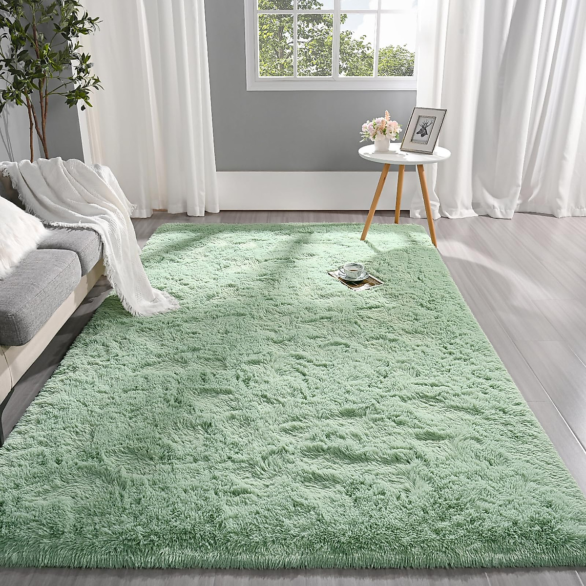 Pettop Fluffy Sage Green Rug for Bedroom Living Room, 4x6 Feet Rectangle Large Rug Plush Fuzzy Carpet for Girls Kids Boys, Non-Slip and Washable Rug for Nursery Classroom Decor Rug