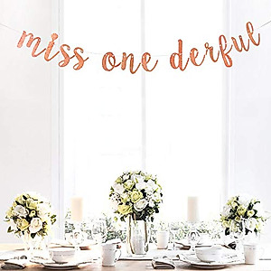 Rose Gold Glitter Miss Onederful Banner, Baby Girl's 1st Birthday Bunting Sign, Happy 1st Birthday Party Decoration Supplies for Sweet Girl