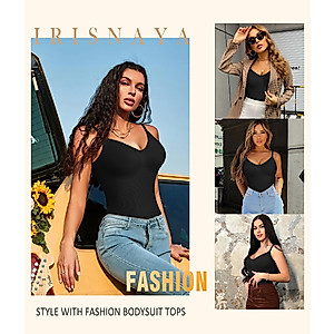 Irisnaya Women Slimming Bodysuits Shapewear Tops Tummy Control Body Shaper Spaghetti Strap Camisole Leotards Bodycon Jumpsuit (Black Mid Thigh, X-Small/Small)