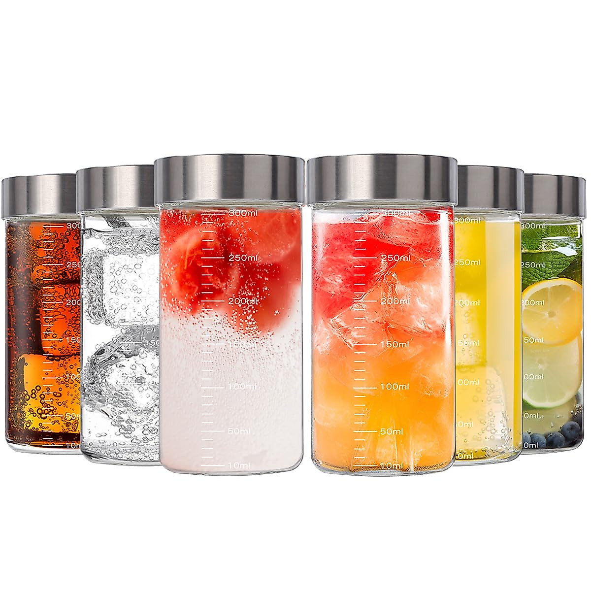 Danmu 6 Pack Glass Water Bottles, Clear Water Bottles Leakproof 10oz, Small Water Bottles 300ml, Cute Water Bottles,Glass Juice Bottles for Juicing, Kombucha, Boba Milk, Fruit Drinks