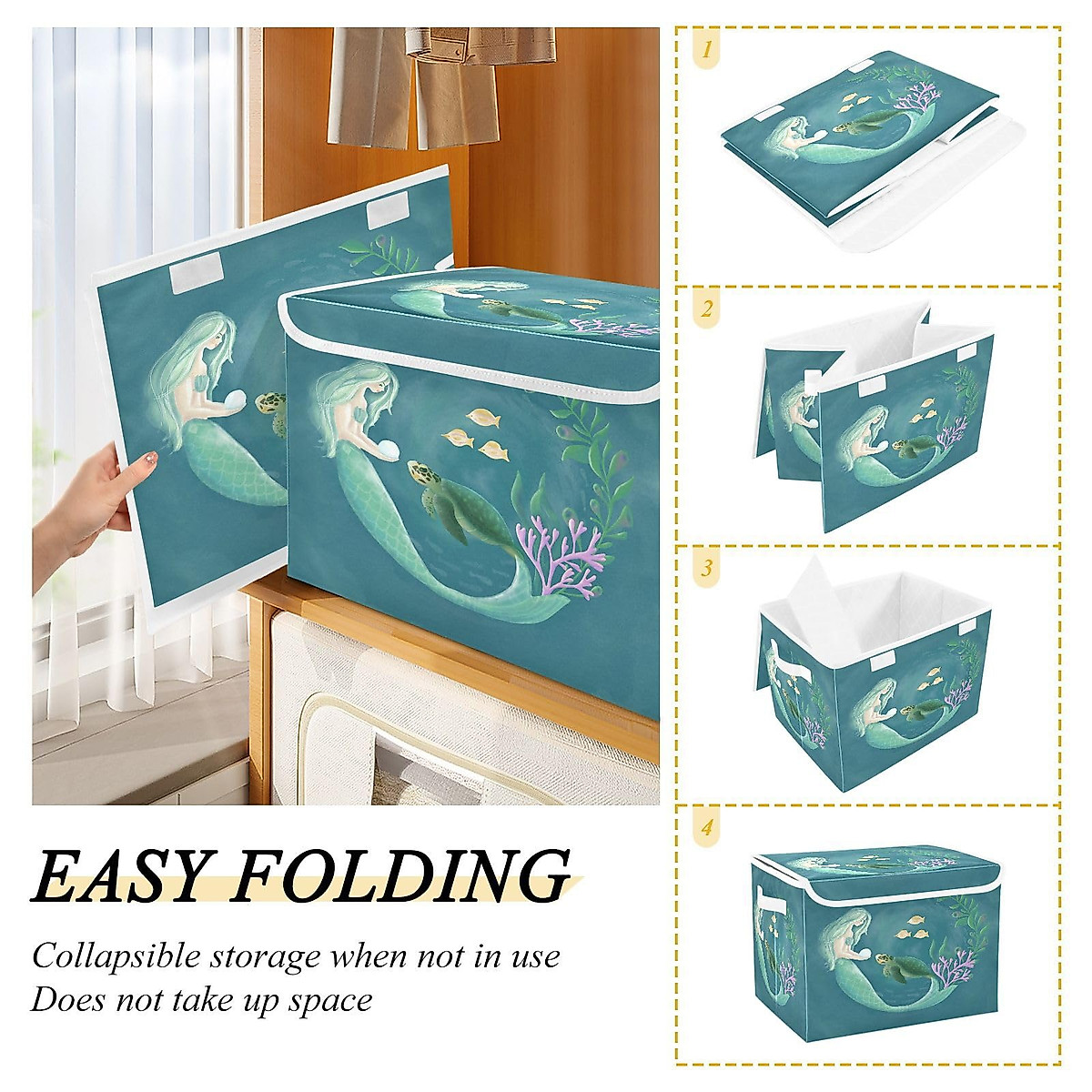 DIGTIA Summer Mermaid Turtle Storage Bins with Lids Large Pearl Sea Ocean Green Storage Basket with Handles Foldable Fabric Storage Box Organizer for Clothes Toys Closet Cabinet Home Office Bedroom
