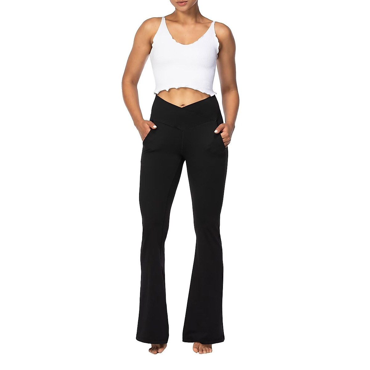 Sunzel Flare Leggings for Women with Pockets, Crossover Yoga Pants with Tummy Control, High Waisted and Wide Leg 32" Midnight Medium