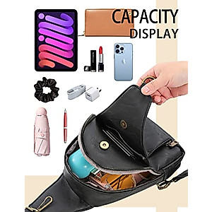 Ocahuel Women Sling Bags Crossbody Chest Bag Purse Leather Wide Guitar Strap Satchel Daypack Retro Shoulder Backpack Travel Hiking Black