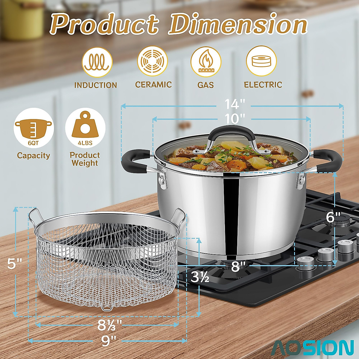 AOSION 6 Quart Stainless Steel Stockpot with Deep Fryer Basket, Stainless Steel Pot with Lid, 6QT Large Stock Pot, Induction Ready, Compatible with All Stoves, Dishwasher Safe