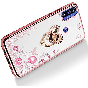 B-wishy for Motorola Moto G Pure Phone Case,Moto G Power 2022 Case for Women, Glitter Butterfly Heart Floral Slim TPU Protective Cover with Kickstand+Strap for Moto G Play 2023(Rose Gold)