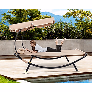 Outdoor Double Chaise Lounge Bed with Canopy, Patio Lounger Bed for 2 Person Sunlight Hammock Daybed with Portable Wheels, Pillow for Garden Sun Room Poolside