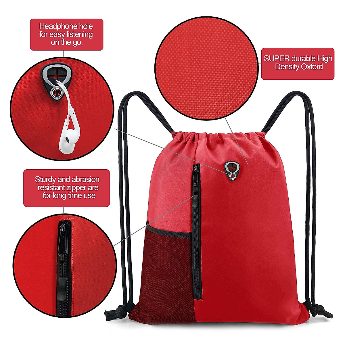 BeeGreen Drawstring Backpack Gym Bag for Men Women Sport String Backpack with Water Bottle Mesh Pockets and Two Zippered Pocket