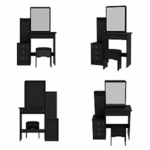 ROMSHINE Small Vanity Desk with Mirror, Makeup Vanity with Shelves & 4 Drawers, Vanity Table Set for Bedroom, Sliding Mirror, Cushioned Stool, Space-Saving, Black, 35.2”W x 15.7”D x 52.4”H