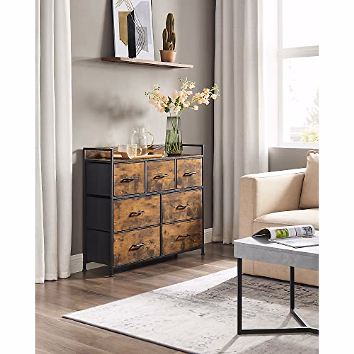 SONGMICS Dresser for Bedroom, Chest of Drawers, 7 Fabric Drawers with Handles, Rustic Brown and Black ULTS137B01