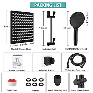 Shower Head, 8‘’ High Pressure Rainfall/Handheld Shower Combo with 11'' Extension Arm, 9 Settings, Anti-leak Shower Head with Holder, Height/Angle Adjustable, Chrome, Matte Black