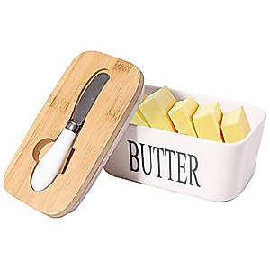 YCOCO Large Butter Dish with Lid,Ceramic Butter Container With Airtight Cover,Butter Keeper Double Silicone Seals with Knife for kitchen,Holds 2 Standard Stick,White