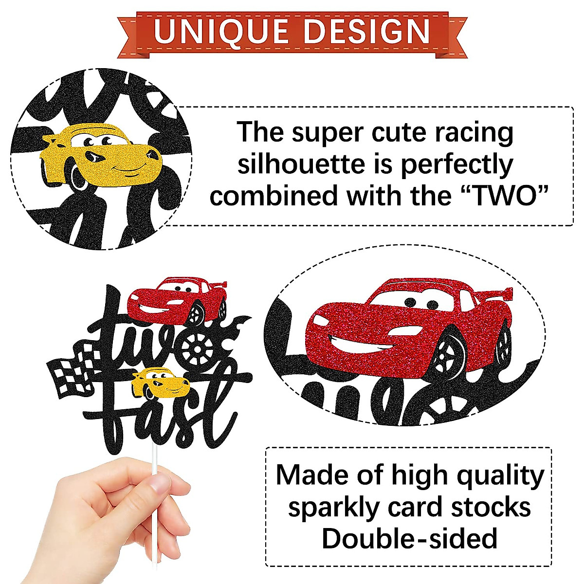 Two Fast Cake Topper Race Car 2nd Cake Decoration for Racing Car Checkered Flag Themed Kids Boy Girl 2 Years Old Happy 2s Birthday Party Supplies Double Sided